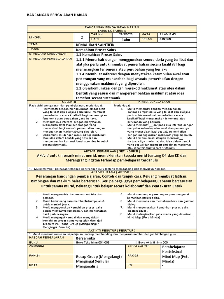RPH Sains Tahun 4: Kemahiran Proses | PDF