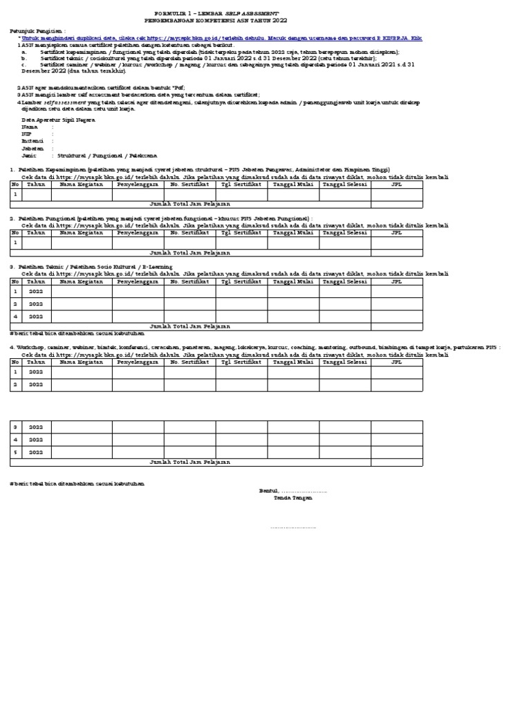 Form - 1 Lembar Self Asessment | PDF