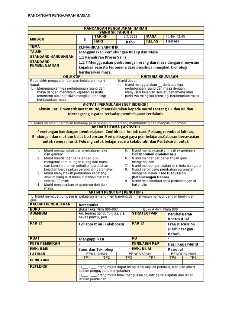Rancangan Pengajaran Sains Tahun 4 | PDF