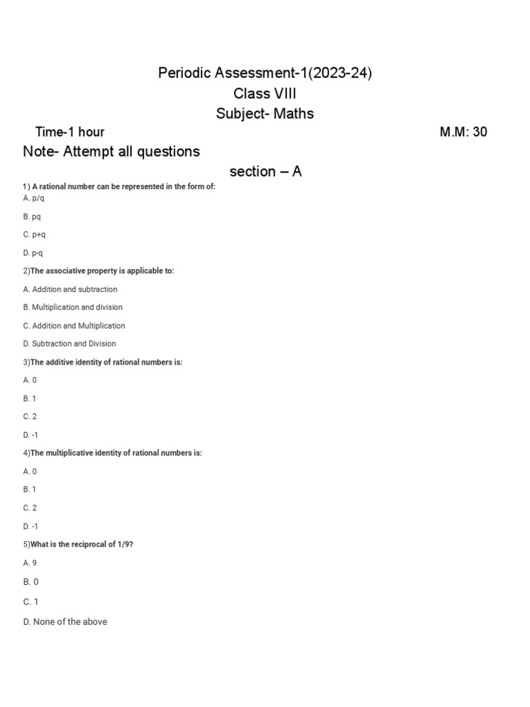 Periodic Assessment-1 (2023-24) | PDF | Equations | Multiplication