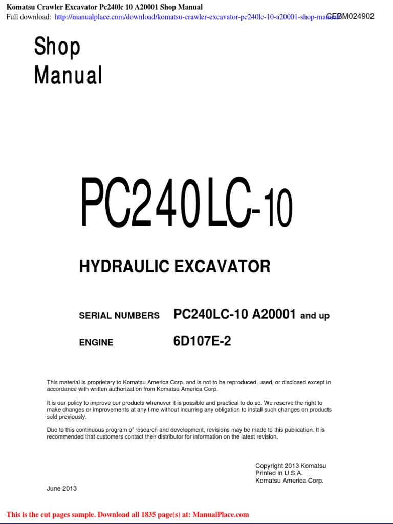 Komatsu Crawler Excavator Pc240lc 10 A20001 Shop Manual | PDF