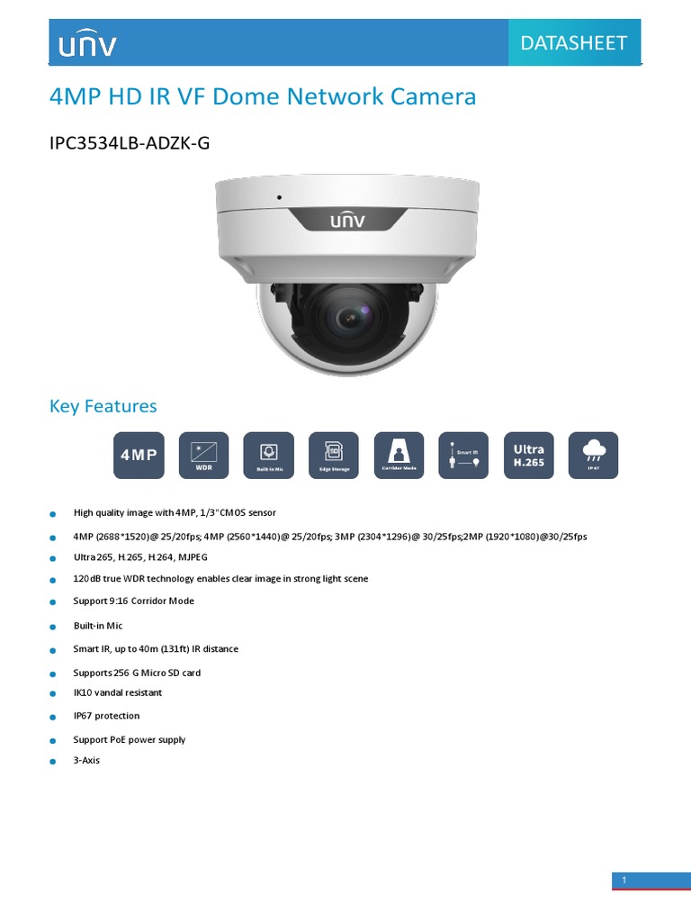 UNV IPC3534LB-ADZK-G 4MP HD IR VF Dome Network Camera Datasheet V1.0-EN | PDF | Camera Lens | Camera