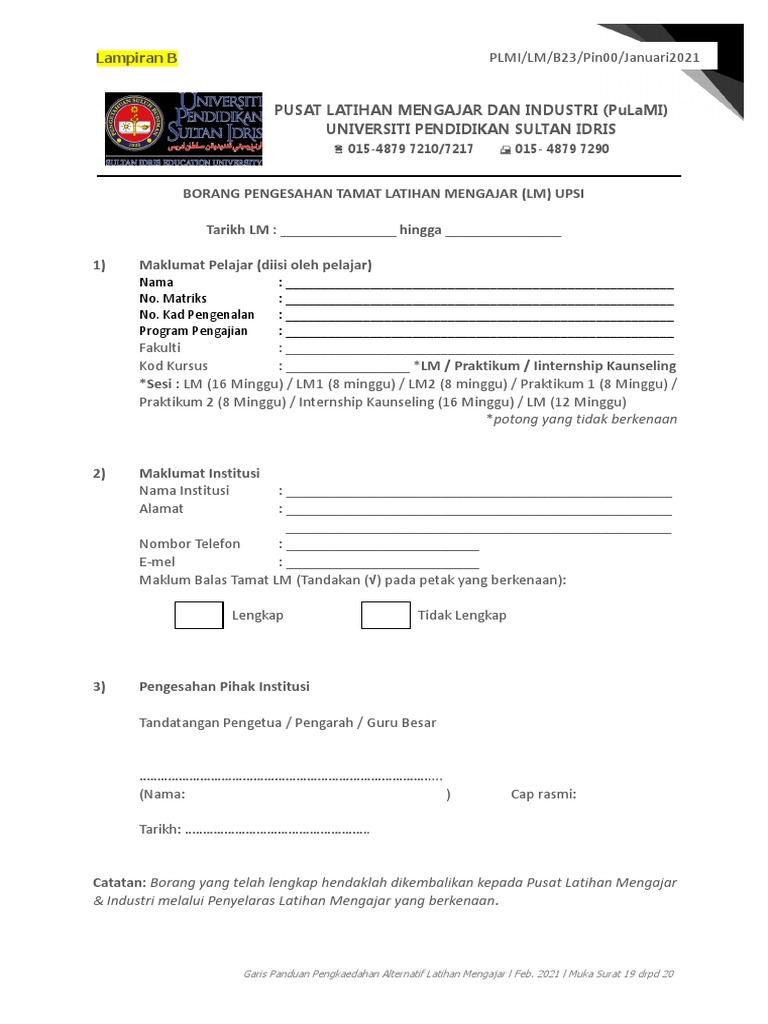 05 - Borang Pengesahan Tamat Latihan Mengajar (LM) Upsi | PDF
