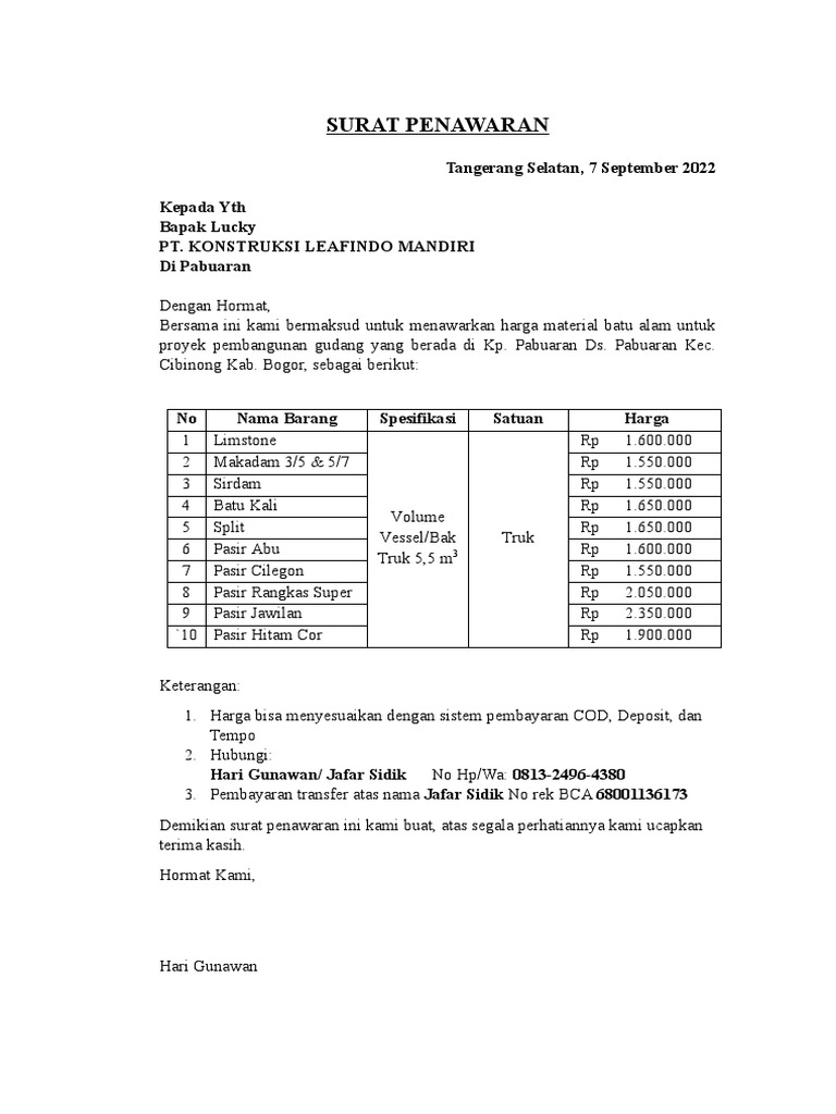 Surat Penawaran MATERIAL BATU ALAM | PDF