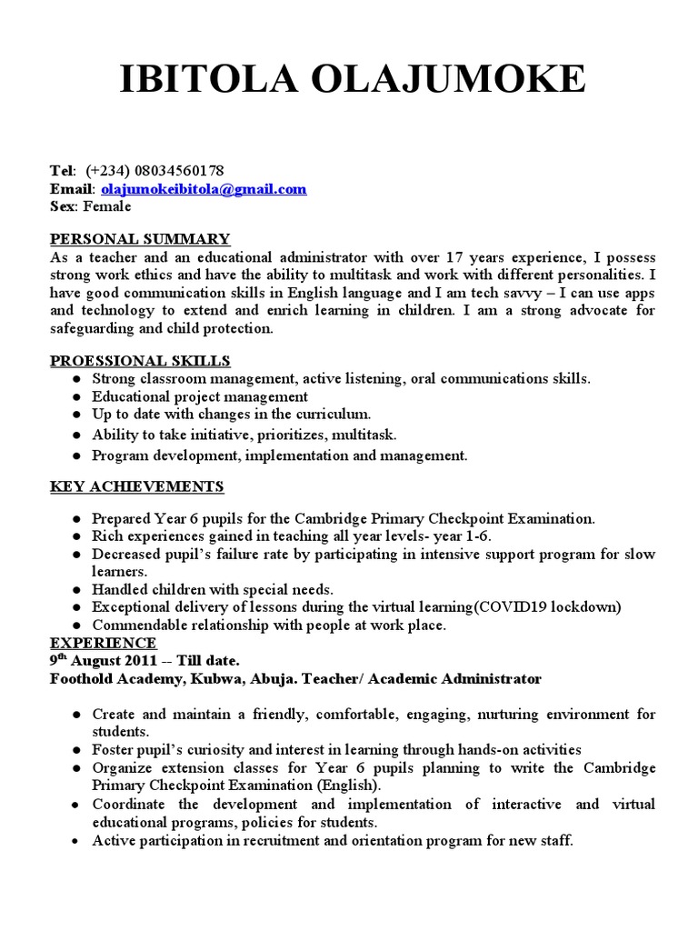 Jumoke Ibitola Resume | Download Free PDF | Teachers | Learning