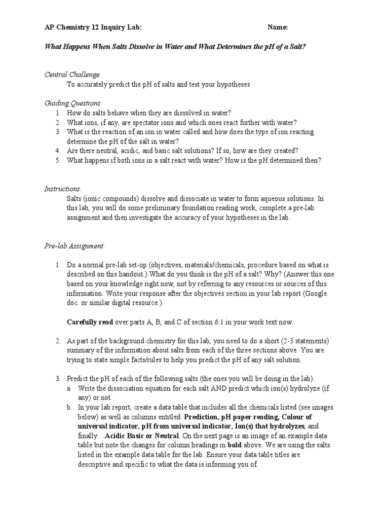 AP Chemistry 12 Inquiry Lab Salt Hydrolysis | PDF