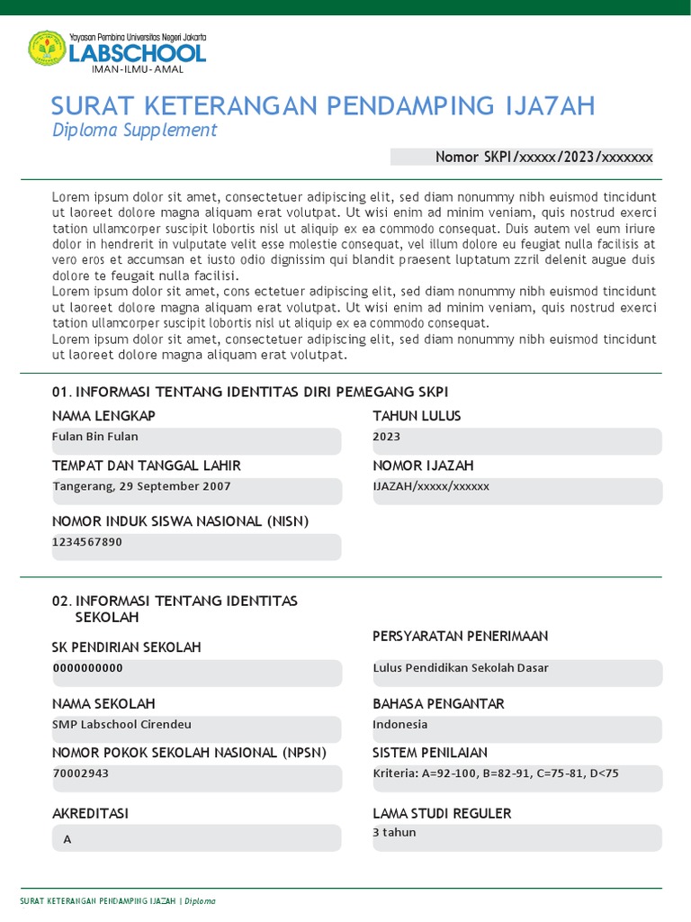 Contoh SKPI untuk Ijazah Pendidikan | PDF