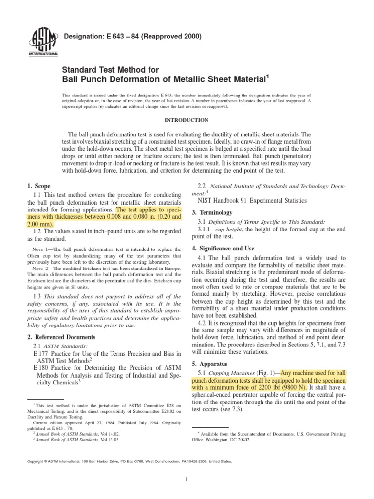 E 643-84 - E517-00 - Standard Test Method For Ball Punch Test | PDF ...