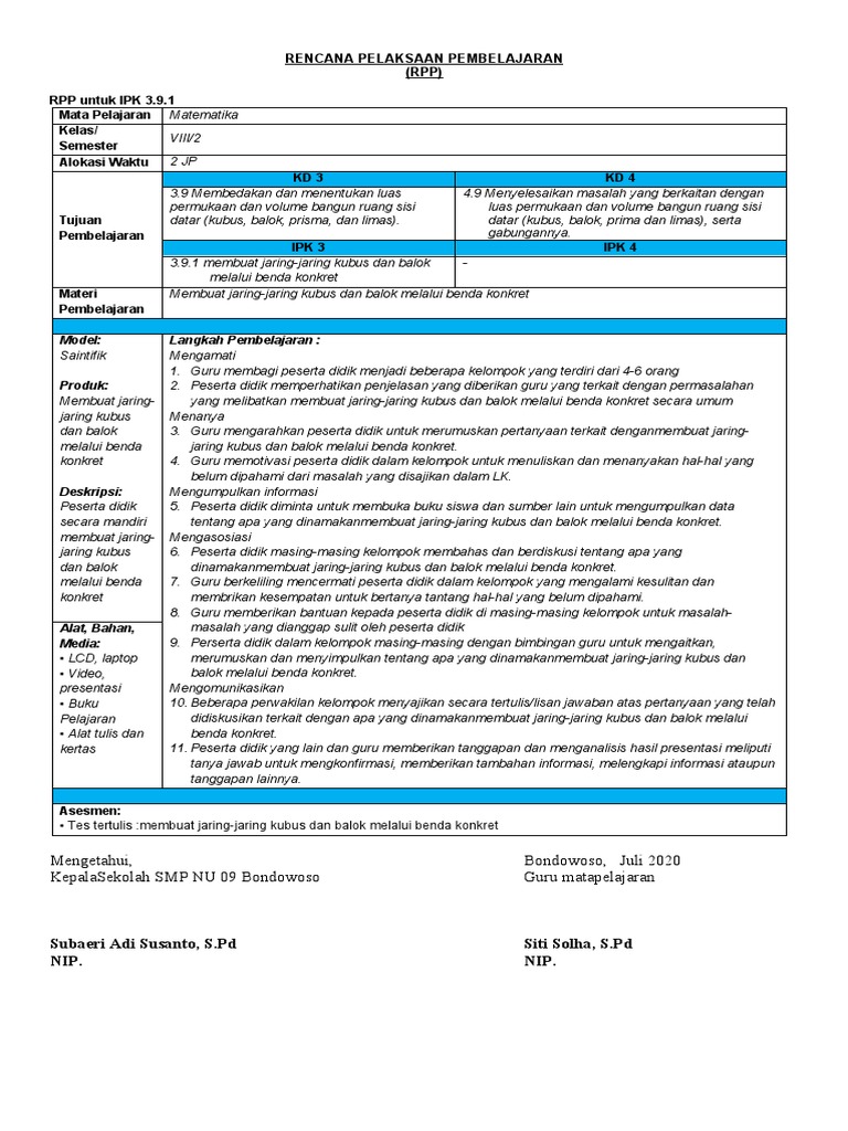 3 RPP MTK 8 Baru Bangun Ruang Sisi Datar | PDF | Kajian Bahasa Asing | Seni