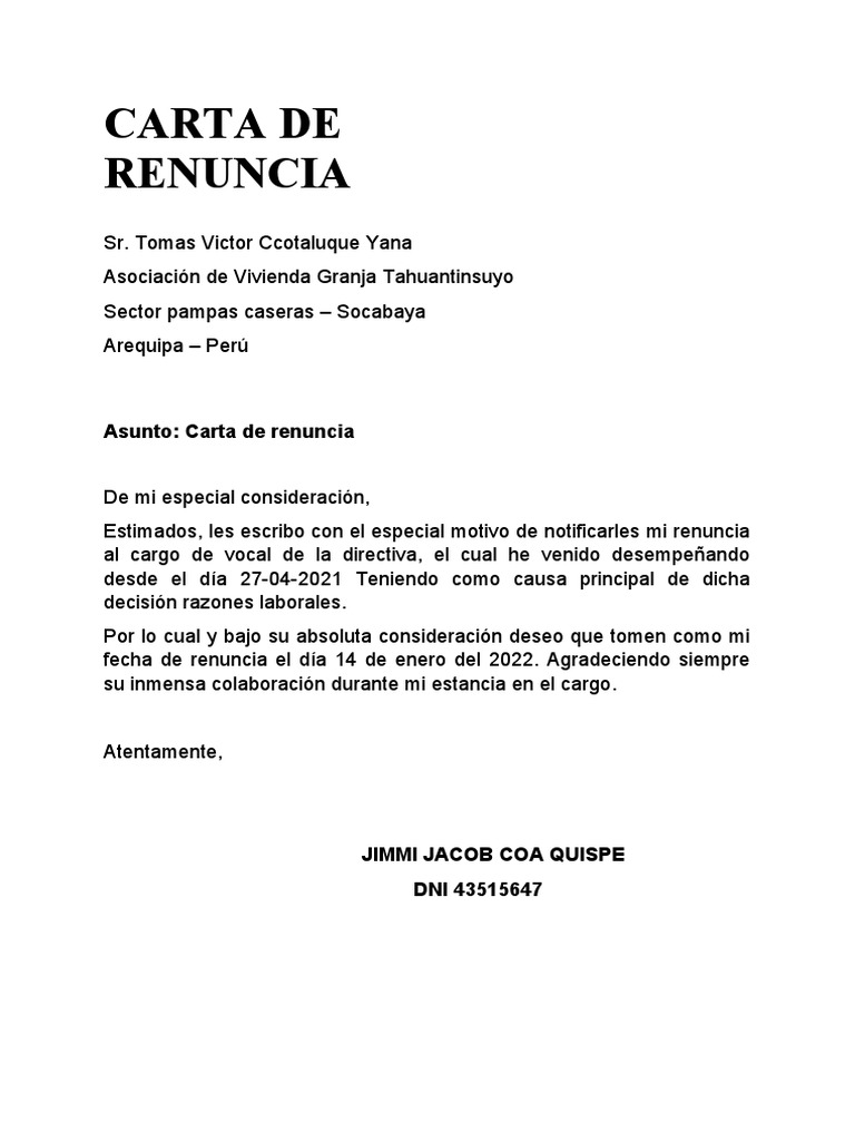 Modelo Carta Renuncia Cargo Directivo | PDF