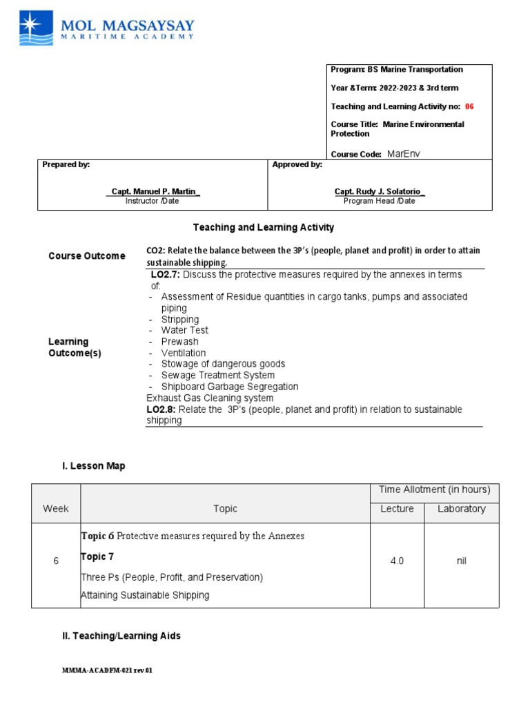 MMMA-ACADFM-021 Rev. 01 - Teaching and Learning Activity Marlaw WK 05 | PDF