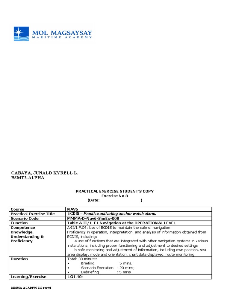 MMMA-ACADFM-017 Rev. 01 Practical Exercise Student S Copy (Exercise 08) | PDF
