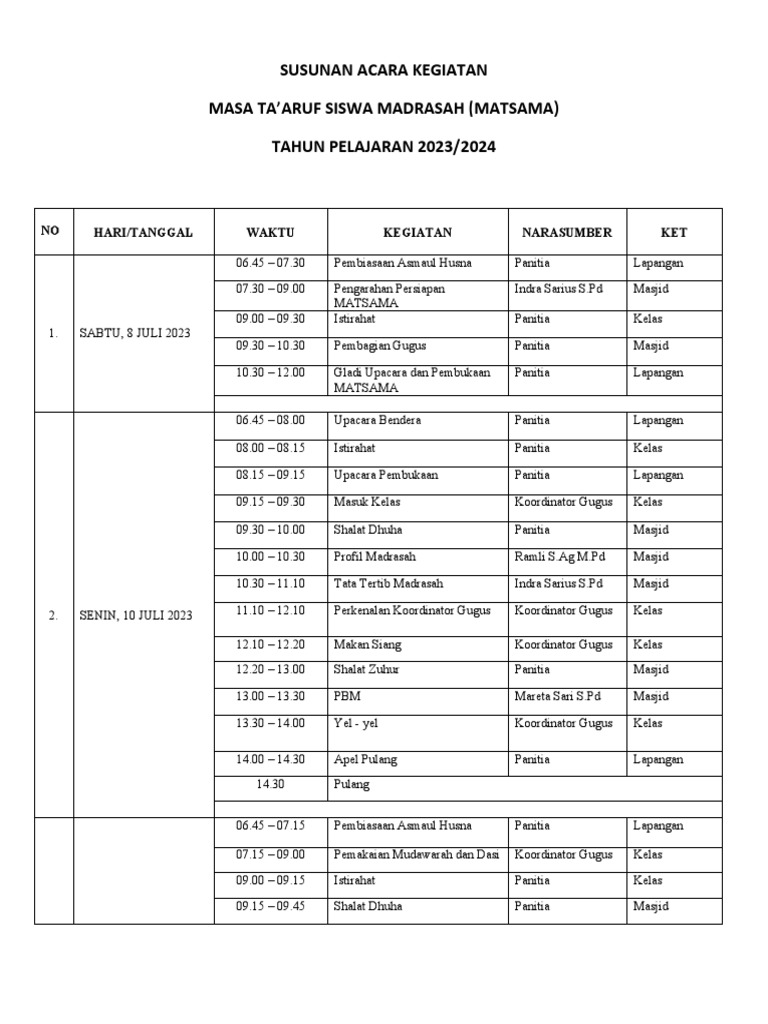 Susunan Acara Kegiatan Matsama 2023 | PDF
