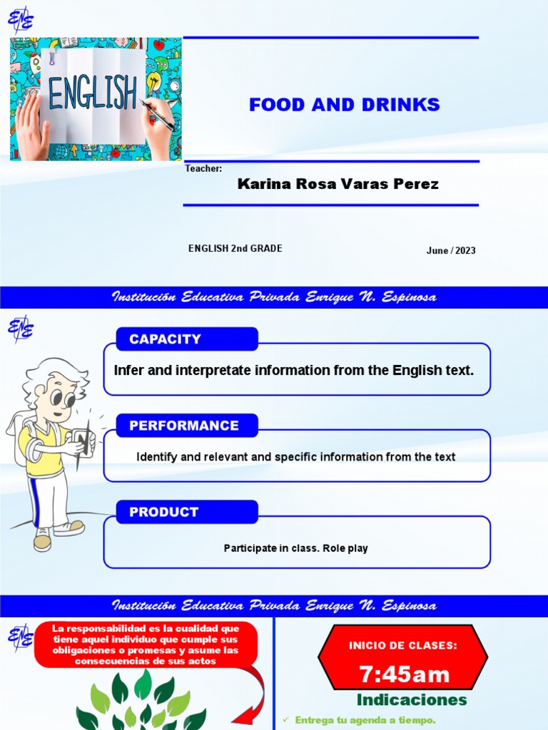 2 PPT Inglés Food Drinks Karina Varas 2023 | PDF | Drink | Foods