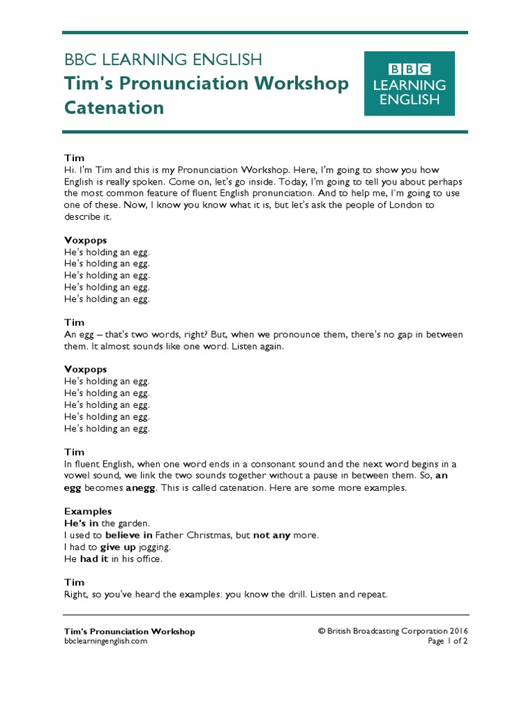 BBC Tims Pron WKSHP Catenation | PDF | Language Arts & Discipline