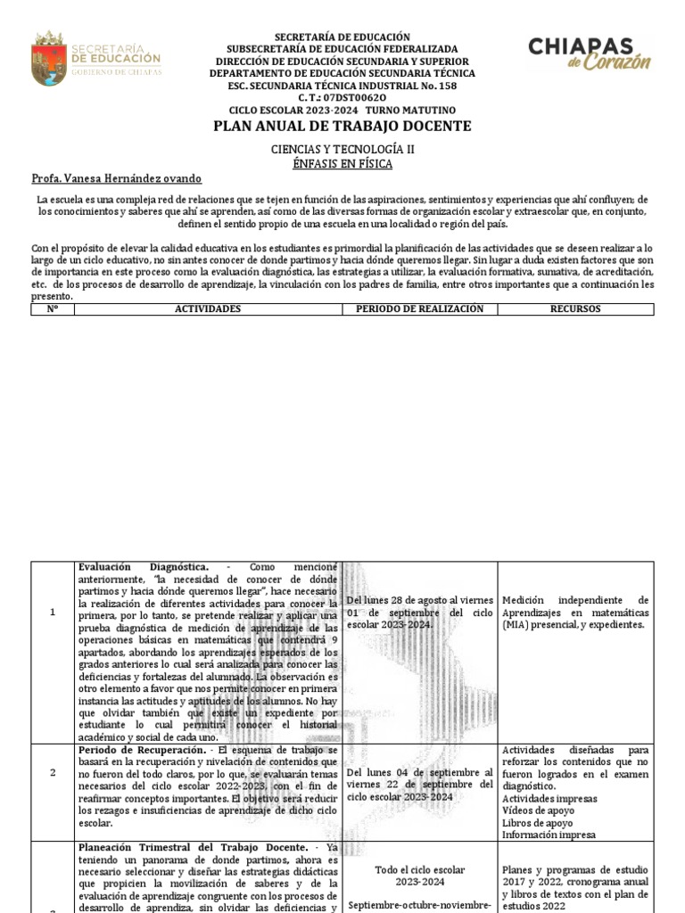 PLAN ANUAL DE TRABAJO 2023-2024 | PDF