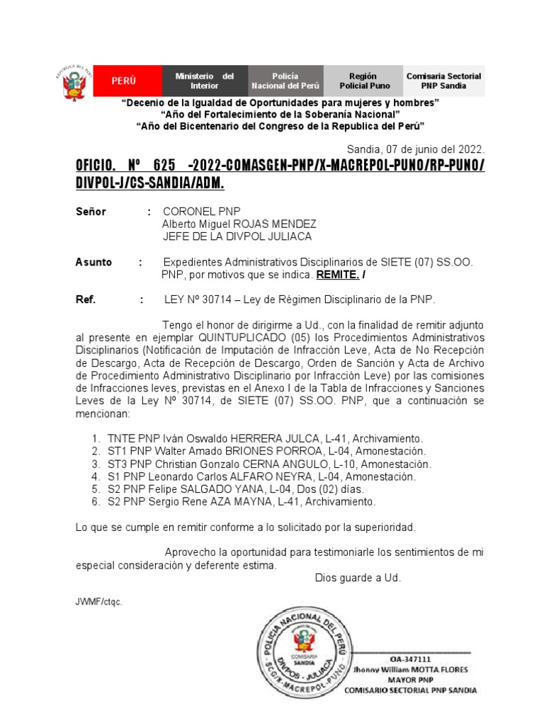 Oficio Remite 6 Sanciones Del Personal de La Rinconada | PDF