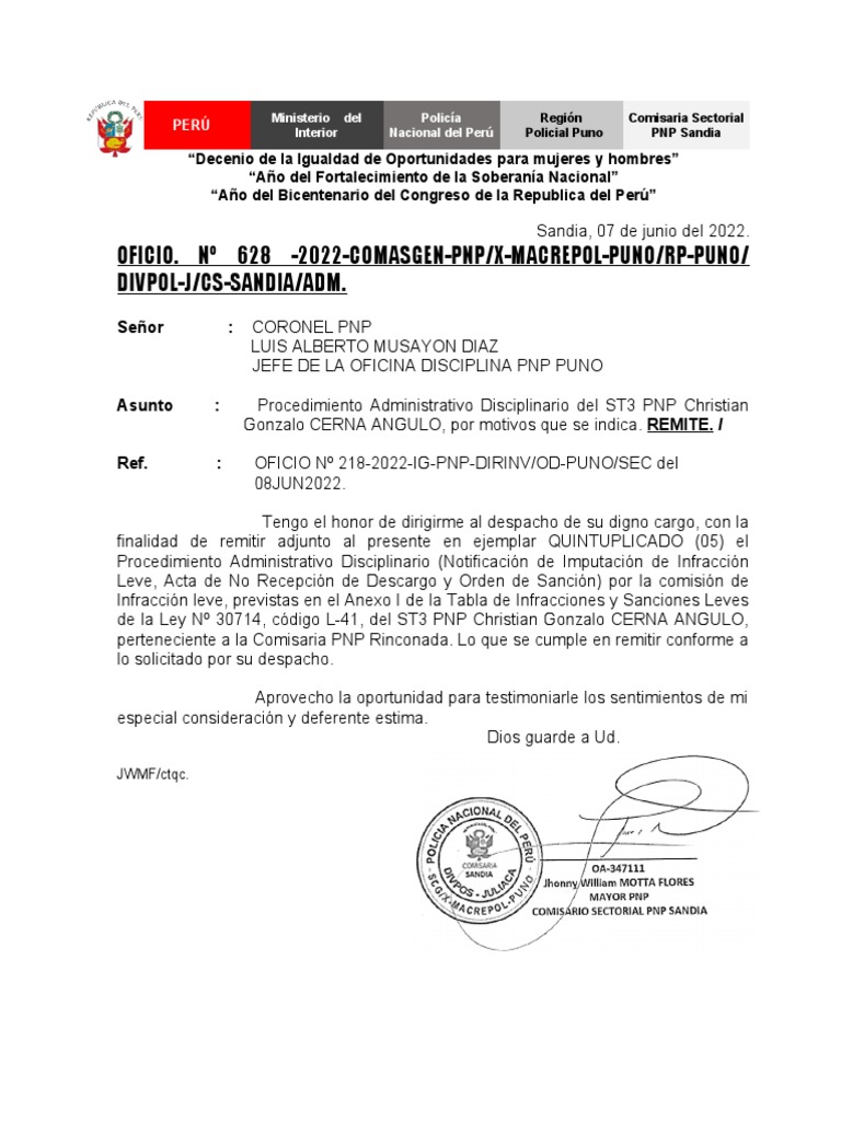 Oficio Remitiendo El Expediente de Sancion Del St3 Cerna-1 | PDF