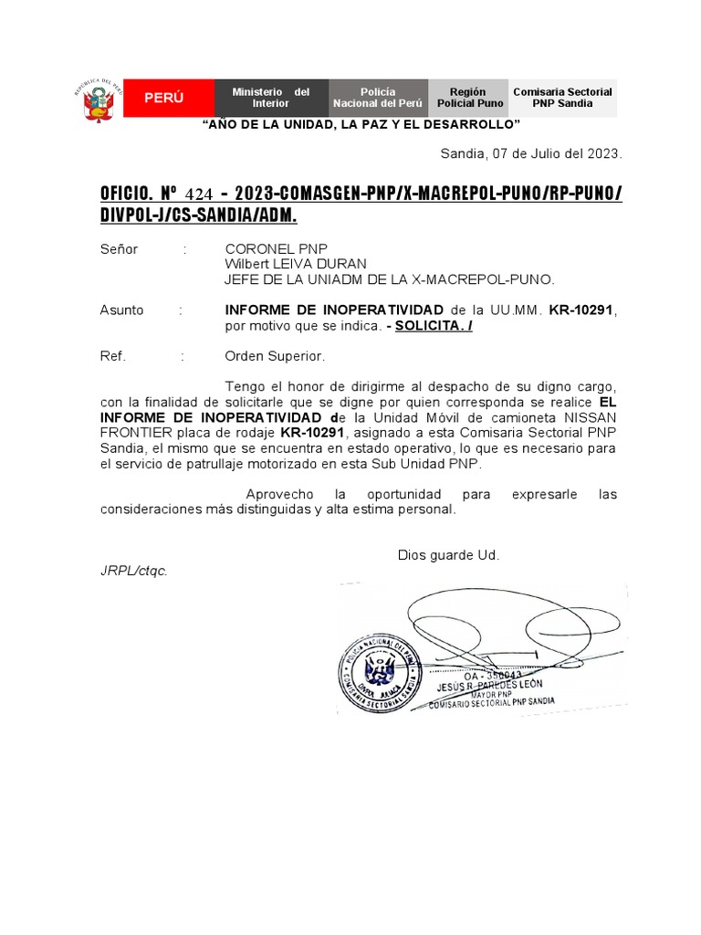 Oficio Solicita Revista de Operatividad Operativo Vehiculo-1 | PDF