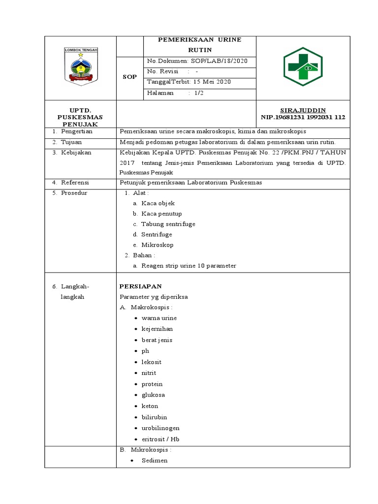 SOP Pemeriksaan Urine Rutin Puskesmas | PDF | Kesehatan Holistik ...