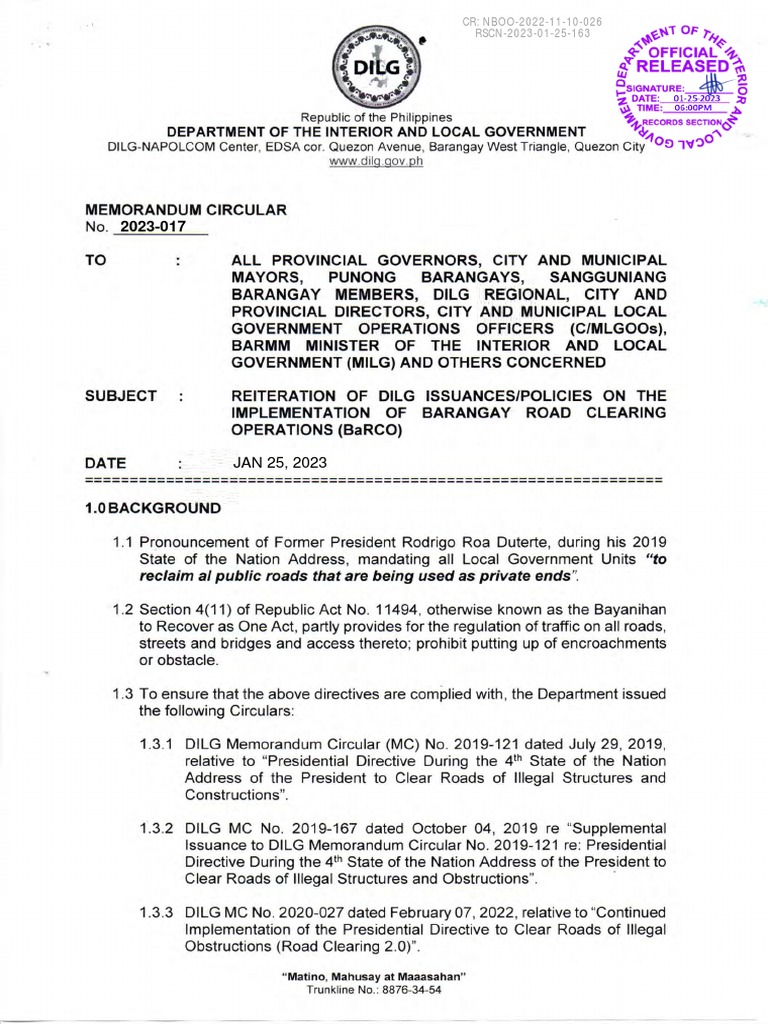 DILG MC NO. 2023 017 Reiteration of DILG Issuances - Policies On The ...