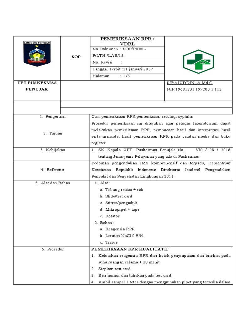 Sop Pemeriksaan RPR VDRL | PDF