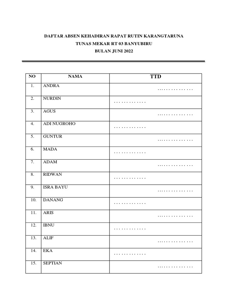 Daftar Absen Kehadiran Rapat Rutin Karangtaruna RT 03 | PDF