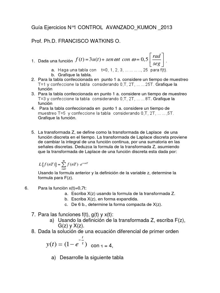 Guía Ejercicios CONTROL AVANZADO - N°1 - 2013nj | PDF