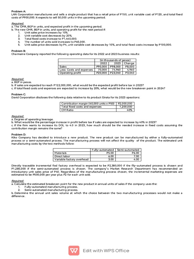Exercises CVP Analysis | PDF | Business Process | Financial Accounting