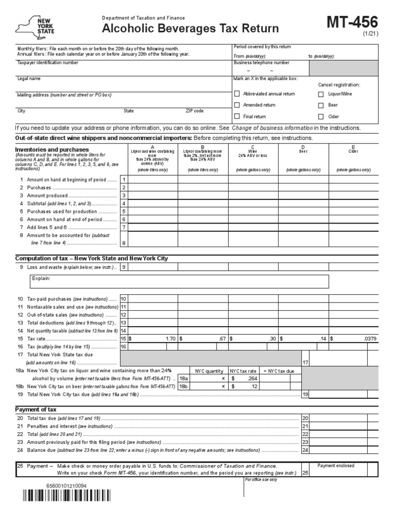 NYS Alcohol Tax Return Form MT-456 | PDF | Taxes | Alcoholic Beverages