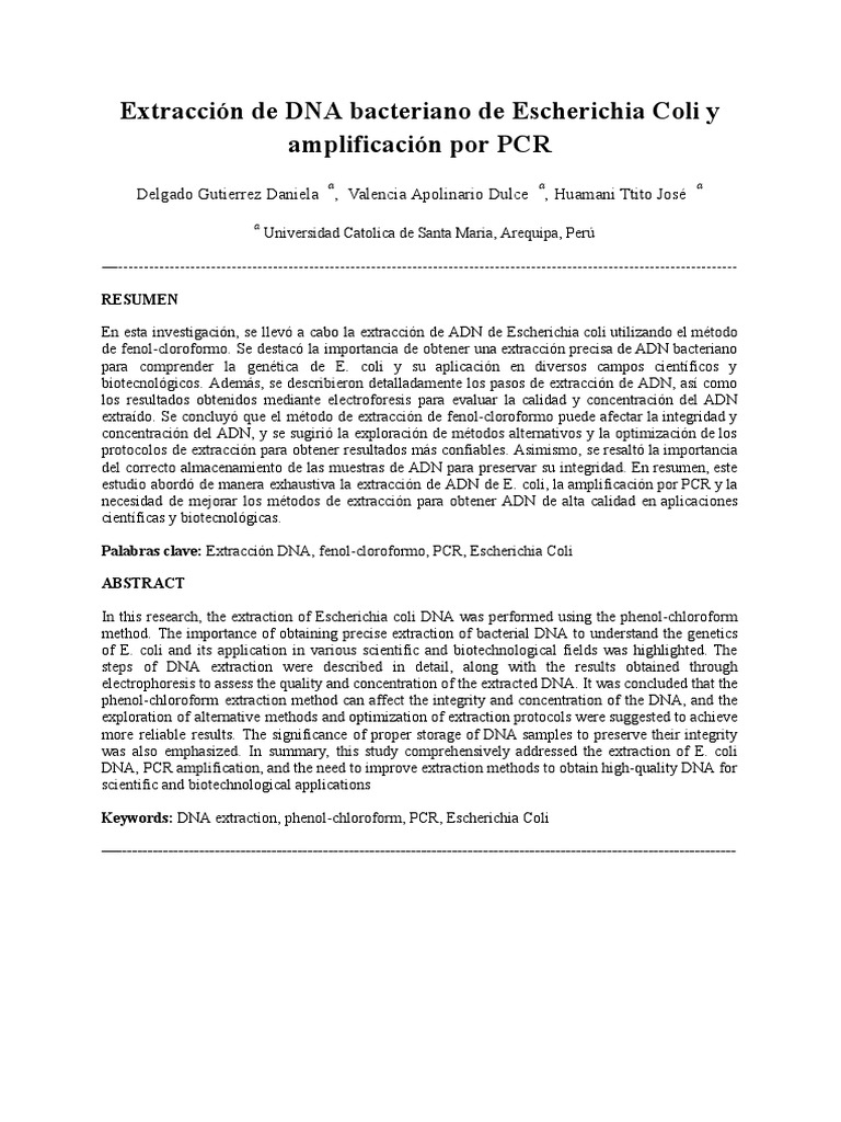 Extracción de Dna Bacteriano de E. Coli y Amplificación Por PCR | PDF ...