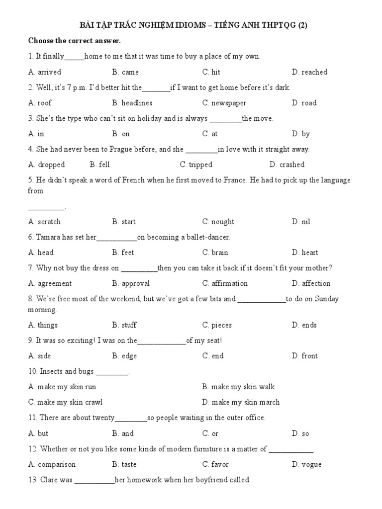 English Idioms Quiz for High School | PDF | Finger