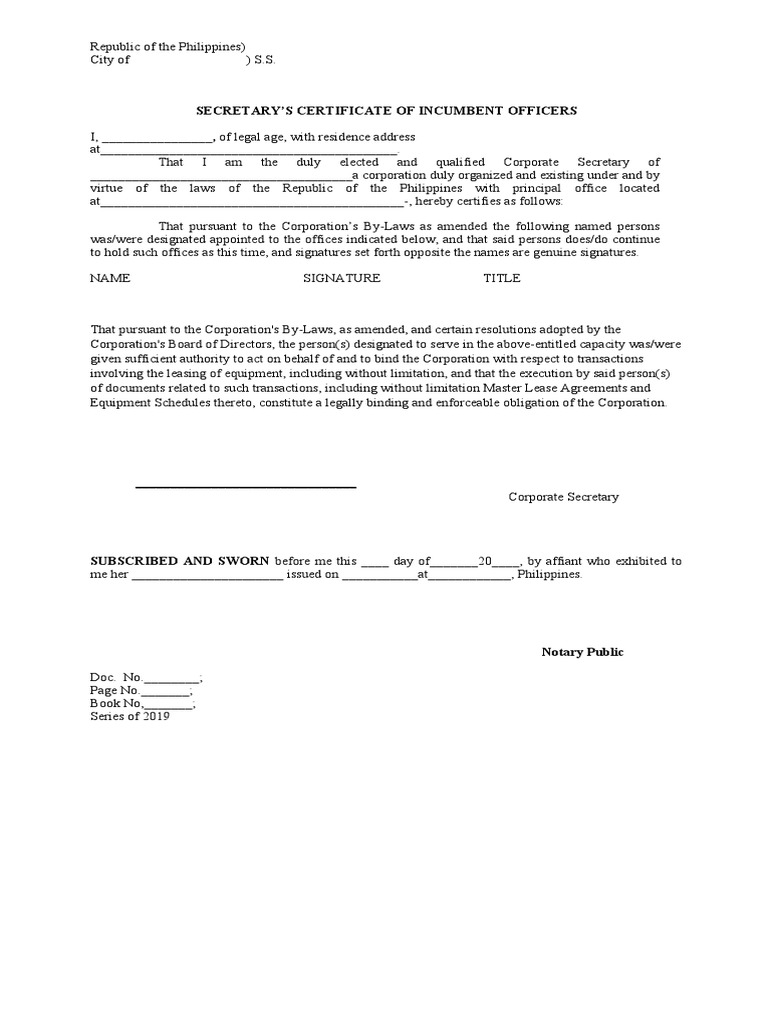 435576476 Secretary Certificate of Incumbent Officers Blank (1) | PDF