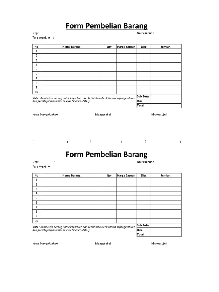 Form Pembelian Barang Genkii | PDF