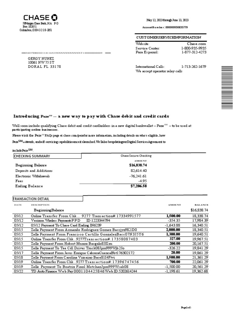 Chase Secure Checking Statement Summary | PDF | Credit Card | Debit Card