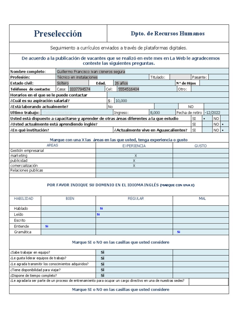 Copia de FORMATO PRESELECCION | PDF | Business