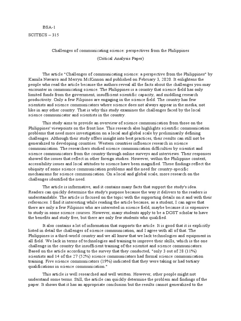 Critical Analysis Paper - Scitecs 315 | Download Free PDF | Science | Critical Thinking