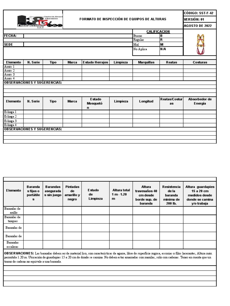 SST-F-42 FORMATO DE INSPECCI+ôN EQUIPOS DE ALTURAS | PDF