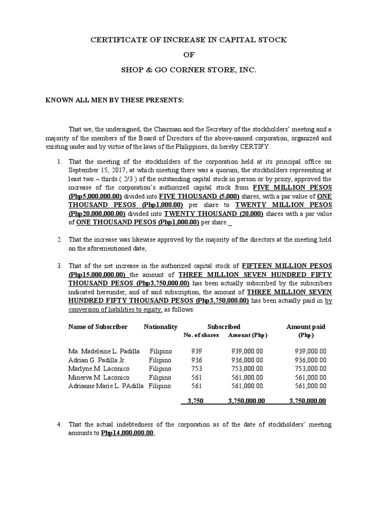 CERTIFICATE OF INCREASE NEW - Asd | PDF | Stocks | Equity (Finance)
