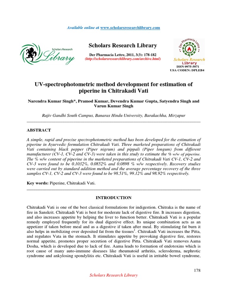 Uvspectrophotometric Method Development For Estimation Of Piperine In Chitrakadi Vati Pdf