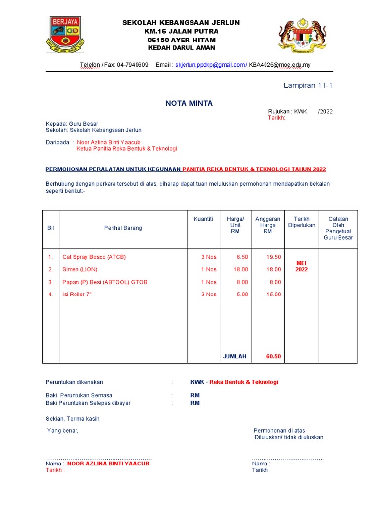 Contoh Nota Minta SK Jerlun | PDF