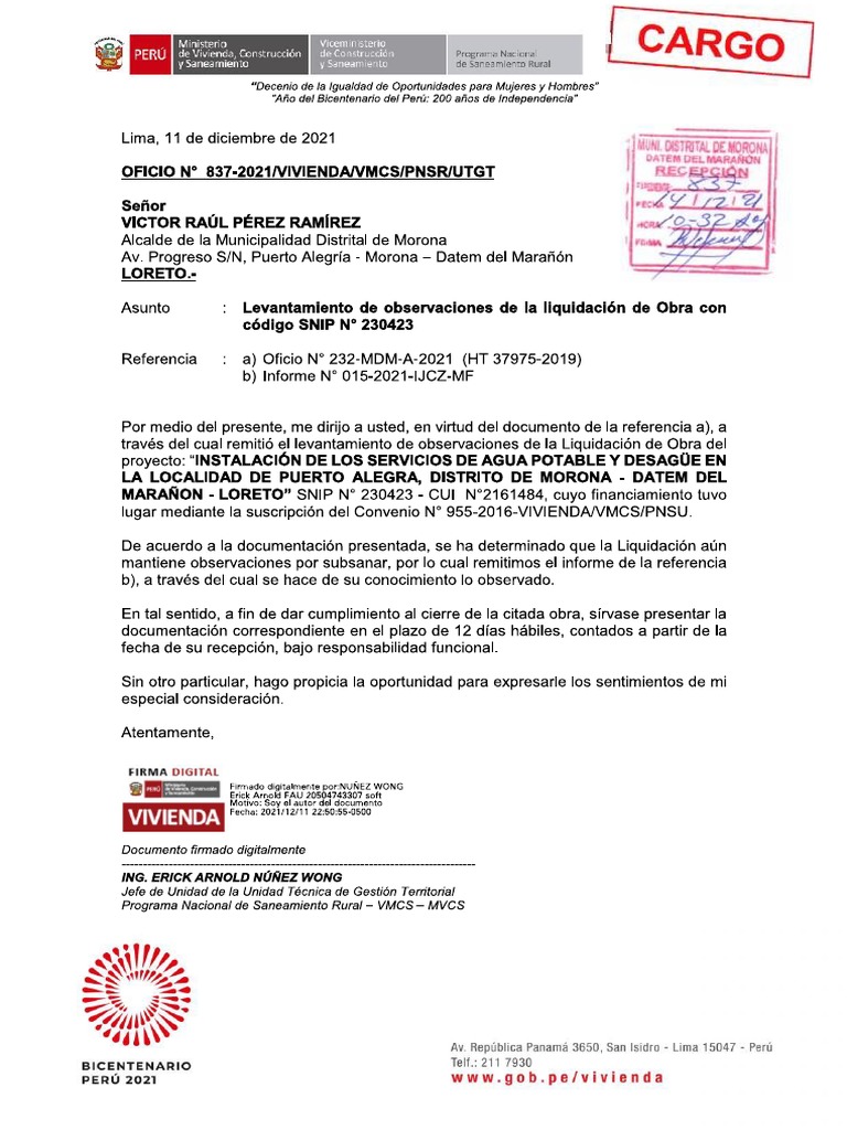 Oficio #837-2021-Vivienda-Vmcs-Pnsr-Utgt. Snip 230423 | PDF