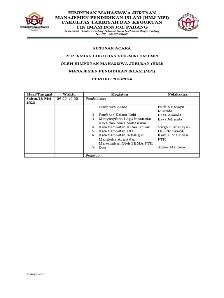 Susunan Acara Peresmian Logo HMJ MPI | PDF