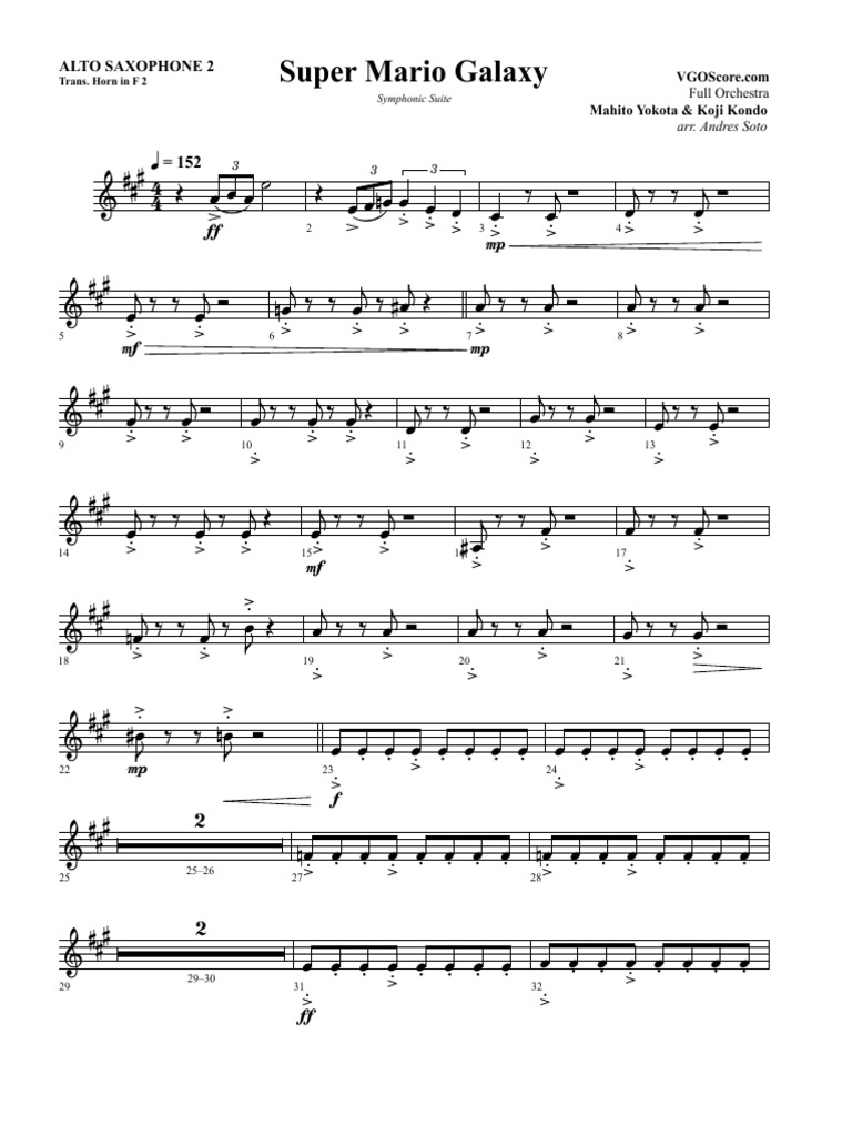 Alto Sax Horn 2 Transcription Mario Galaxy Pdf Saxophone Nintendo