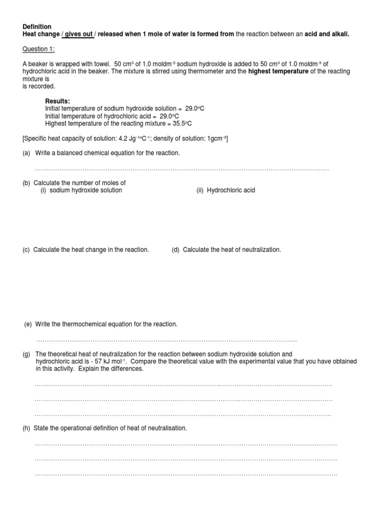 Heat of Neutralization Experiment Guide | PDF | Acid | Sodium Hydroxide