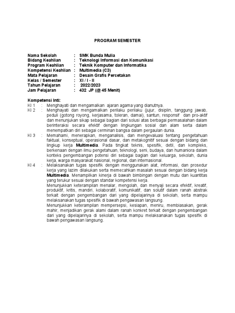 Program Semester Desain Grafis SMK | PDF | Seni