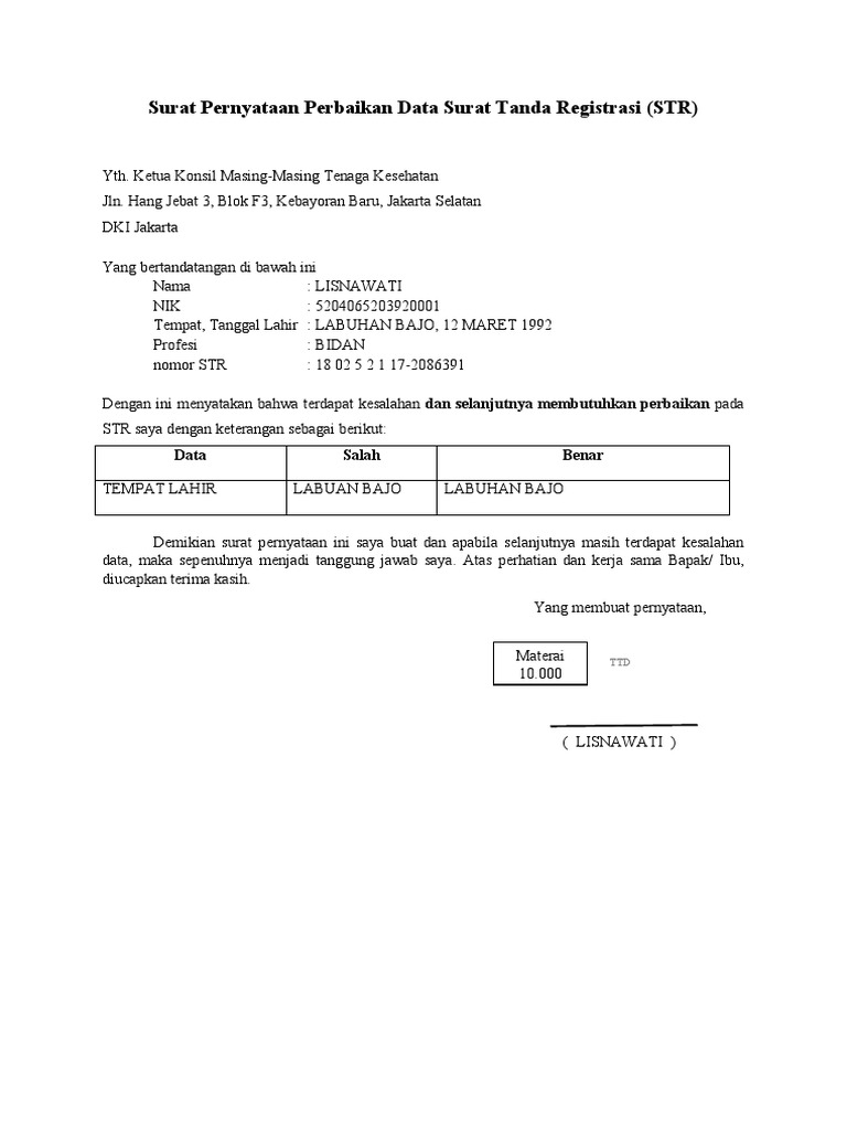 Format Surat Pernyataan Perbaikan Data | PDF