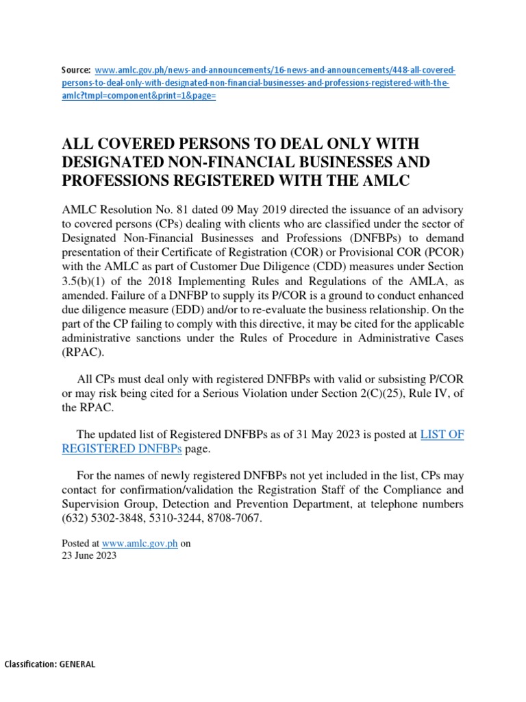 ALL CPs To Deal Only With DNFBPs Registered With The AMLC Posted 23 June 2023 | PDF
