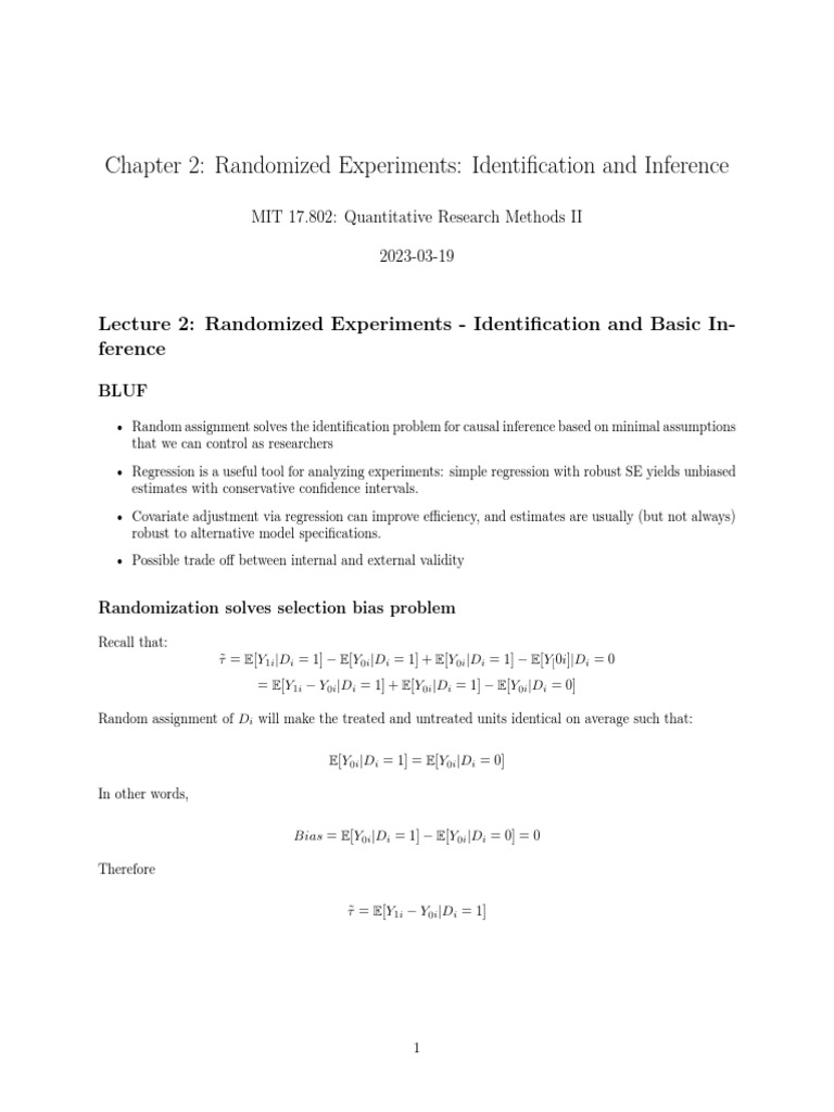 Chapter 2 Randomized Experiments Identification and Inference | PDF