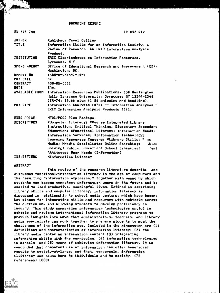 Kuhlthau 1987 ED297740 | PDF | Information Literacy | Literacy